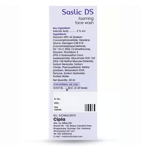 Cipla Saslic Ds Foaming Face Wash 60 Ml Price Uses Side Effects