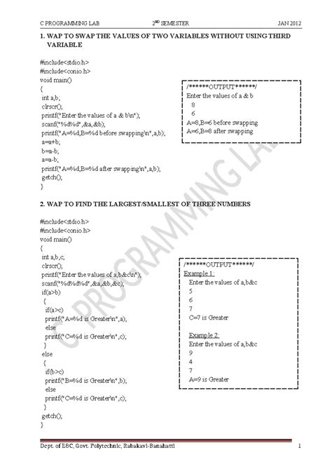 C Prog Manual Vtu 1 Wap To Swap The Values Of Two Variables