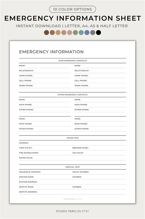 Emergency Information Sheet Printable Minimal Emergency Etsy Lettering Doctor Names Emergency