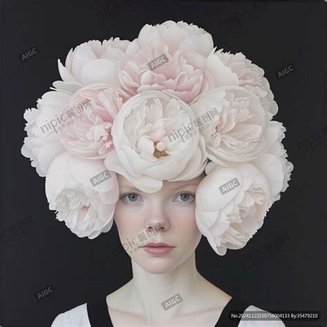 Ai创作图3d立体花卉牡丹 3d立体花装饰画 欧美大花 花冠乳白色 装饰逼真立体画 髻头饰花 超写实主义 3d牡丹花卉 3d立体花卉 欧美花 3d牡丹花 艺术人像造型 花朵大檐帽帽 写实装饰画