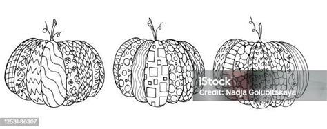 색칠 공부를위한 3 호박의 벡터 세트 할로윈 개체의 흑백 컬렉션 낙서 스타일의 가을 요소의 손으로 그린 흑백 스케치 10월에 대한 스톡 벡터 아트 및 기타 이미지 Istock