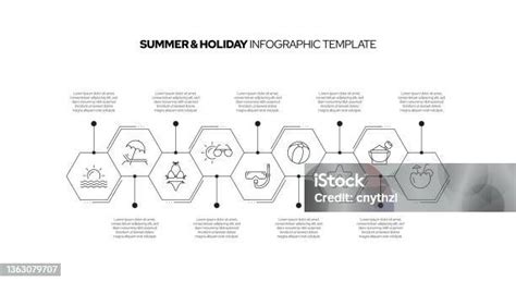 아이콘과 여름과 휴일 개념 벡터 라인 인포 그래픽 디자인 프리젠 테이션 배너 워크플로 레이아웃 흐름 차트 등을위한 9 가지 옵션 또는 단계 0명에 대한 스톡 벡터 아트 및