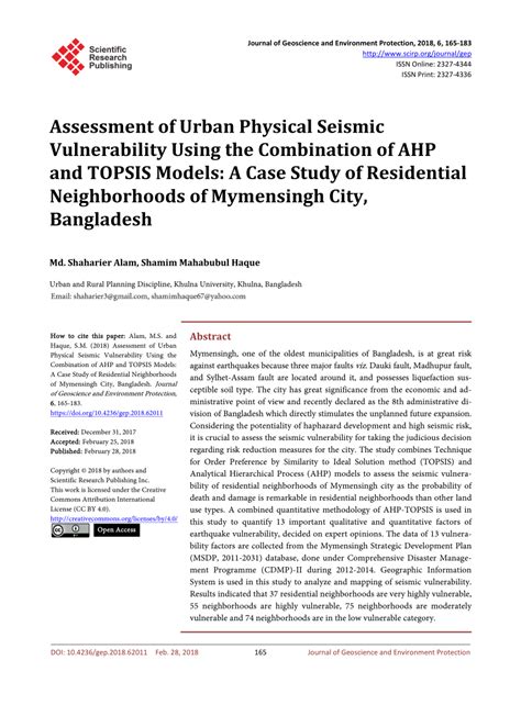 Pdf Assessment Of Urban Physical Seismic Vulnerability Using The Combination Of Ahp And Topsis