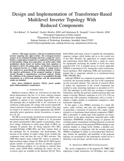 Pdf Design And Implementation Of Transformer Based Multilevel Inverter Topology With Reduced