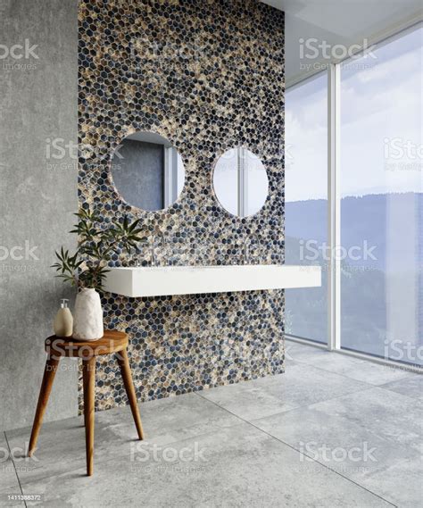 벽에 파란색과 회색의 육각형 타일과 큰 창문이있는 현대적인 욕실 인테리어 3d 렌더링 클래식 스타일 0명에 대한 스톡 사진 및 기타 이미지 Istock