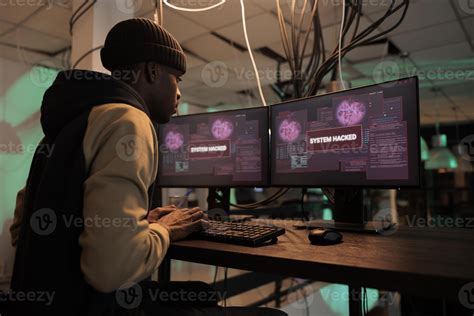 Criminal Cyberattack Hacker Accessing Computer System Man Writing Password Cracking Software