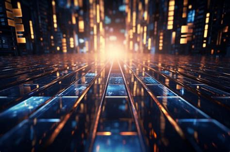 Transformed Data Flow Futuristic Technology Tunnel With Shimmering Metallic Finish Stock