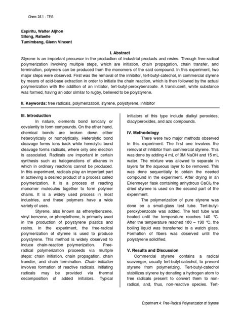 Chem35 1 E4 Free Radical Polymerization Of Styrene Pdf Polymerization Polymers