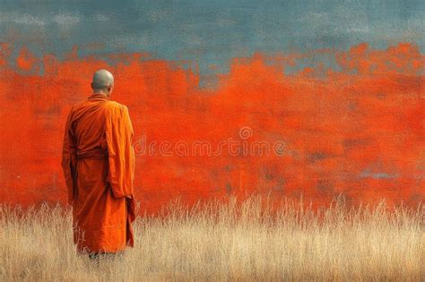 Contemplative Monk In Saffron Robe Against A Vibrant Orange Wall Stock