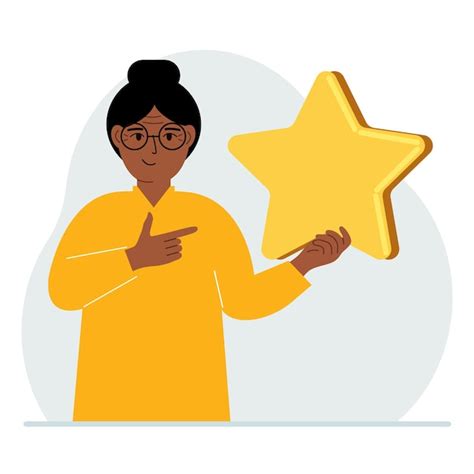 Premium Vector The Woman Is Holding A Star Service Rating Or Positive