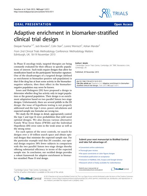 Pdf Adaptive Enrichment In Biomarker Stratified Clinical Trial Design