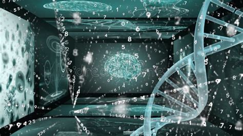 digital animation of dna structure spinning over screens on medical
