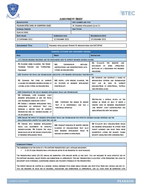 Unit 14 Business Intellegence Sep 2022 Assignment Brief Pdf Business Intelligence