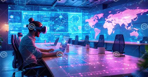 high tech command center with analysts monitoring global data massive