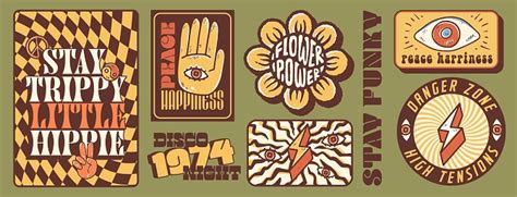 그루비 히피 70년대 스티커 재미있는 만화 꽃 무지개 평화 사랑 미소 버섯 눈 트렌디한 복고풍 사이키델릭 만화 스타일의 60년대 스티커 팩 좋은 분위기 그루비 유지 1970