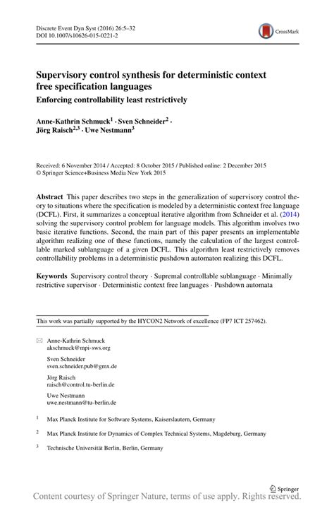 Supervisory Control Synthesis For Deterministic Context Free