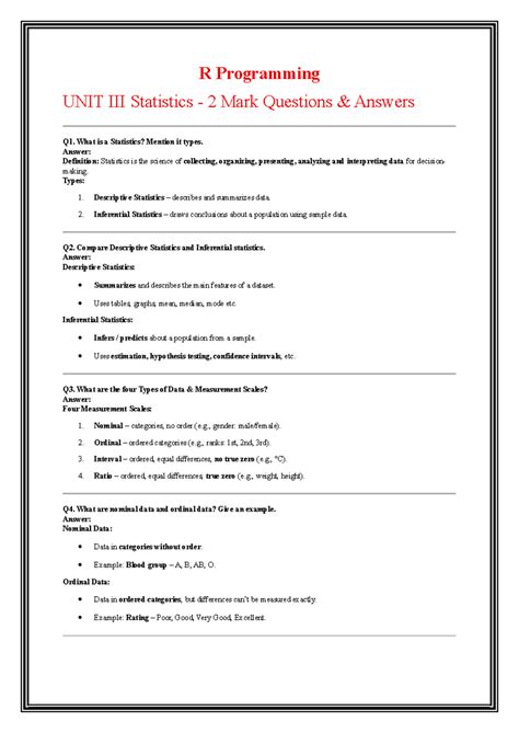 R Programming Unit Iii Statistics 2 Mark Qanda Notes Studocu