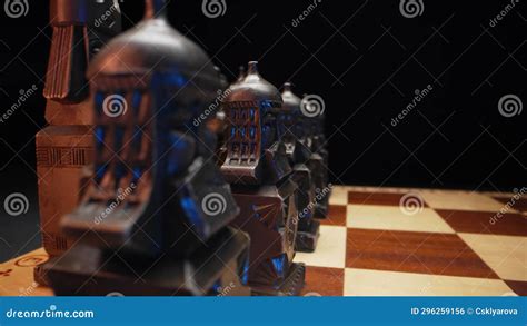 Slavic Old Styled Chess Pieces On Wooden Chessboard Before Party
