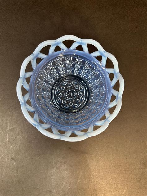 Vintage Imperial Glass Katy Blue Bowl 5” Open Lace Edge Pressed