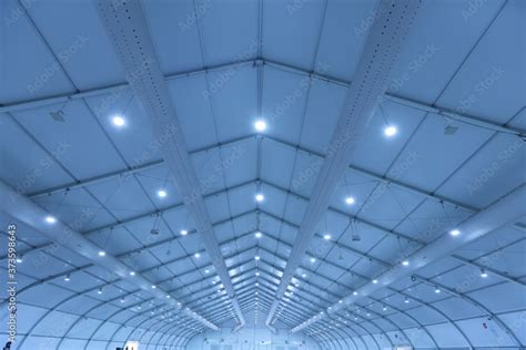 Big Warehouse Steel Plate Roof Ceiling Structure With Iron Beams Perspective Background Stock