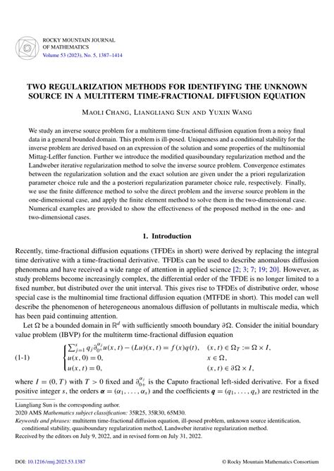 Pdf Two Regularization Methods For Identifying The Unknown Source In A Multiterm Time