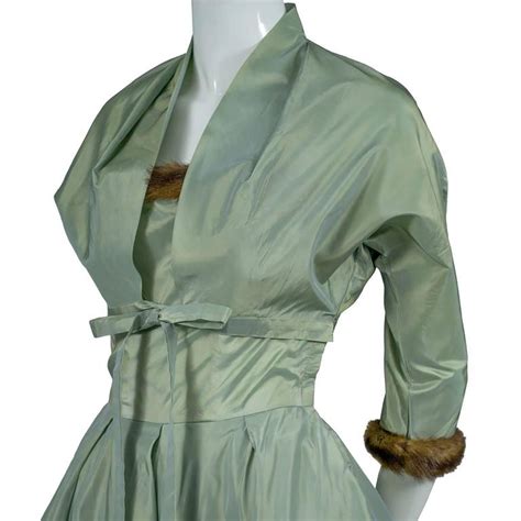 Doops Vintage 1950s 2 Pc Party Dress Bolero Mink Trimmed Sage Green
