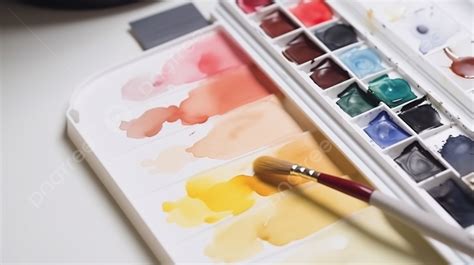 캔버스 팔레트에는 다양한 수채화가 들어 있습니다 스케치북의 흰색 도화지와 12가지 색상의 페인트가 있는 플라스틱 수채화 팔레트 흰색 배경 Hd 사진 사진으로 위에서 찍은