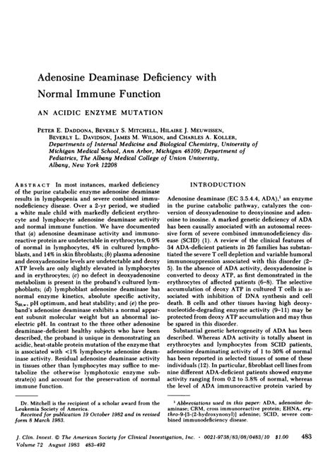 Pdf Adenosine Deaminase Deficiency With Normal Immune Function An Acidic Enzyme Mutation