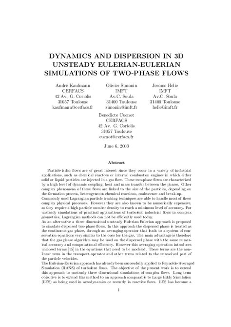 Pdf Dynamics And Dispersion In 3d Unsteady Eulerian Eulerian Simulations Of Two Phase Flows