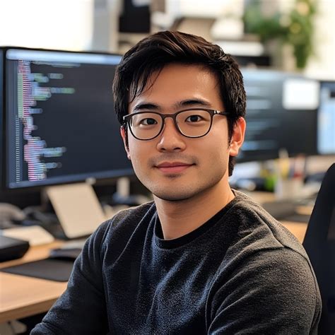 A Man Wearing Glasses Sits In Front Of A Computer With A Screen Behind Him Premium Ai