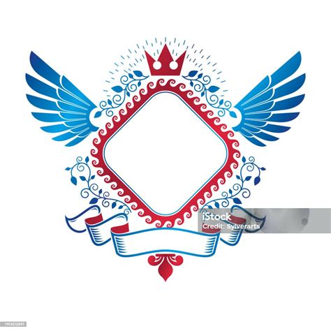 로얄 크라운 요소 오각형 별 고급 리본으로 구성된 그래픽 윙 엠블럼 팔 장식 로고 격리 벡터 일러스트의 헤럴드 코트 고대의에 대한 스톡 벡터 아트 및 기타 이미지 Istock