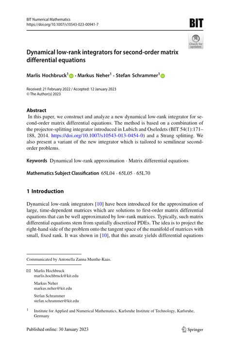 Pdf Dynamical Low Rank Integrators For Second Order Matrix