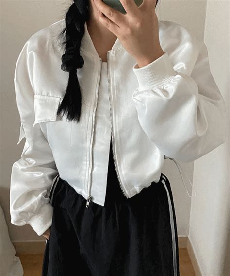 유니크하이틴 실키 새틴 스트링 블루종 봄버 크롭 항공 집업 점퍼 자켓 에이블리