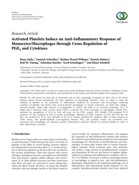 Pdf Activated Platelets Induce An Anti Inflammatory Response Of