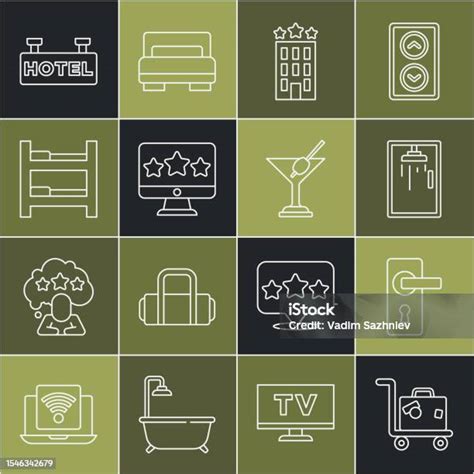 세트 라인 여행 가방 문 손잡이 샤워 실 호텔 건물 별 5 개 등급 리뷰 객실 침대 텍스트 및 마티니 유리 아이콘이있는 간판 벡터 1위에 대한 스톡 벡터 아트 및 기타