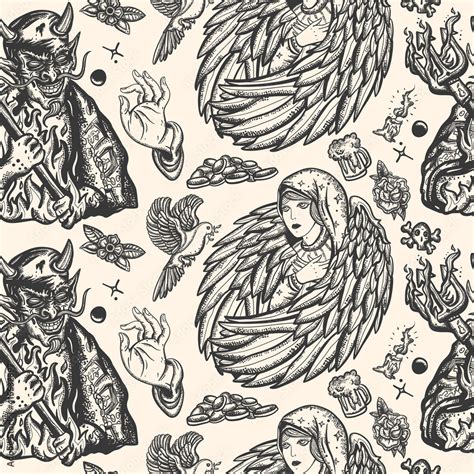 Angel And Demon Gothic Seamless Pattern Old School Tattoo Style Good