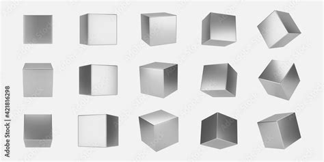 3d Silver Metal Cubes Set Isolated On Light Background Render A Rotating Chrome Steel Box With