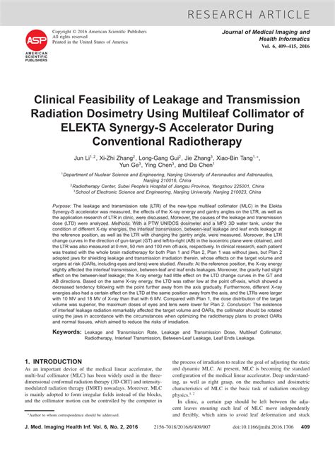 Pdf Clinical Feasibility Of Leakage And Transmission Radiation Dosimetry Using Multileaf