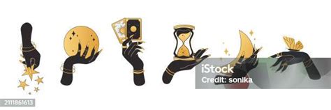 검은색과 금색의 마녀 손은 마법을 쥐고 있습니다 나비 달 별 모래시계 타로 카드 마술 공을 가진 손 벡터 일러스트레이션 세트 갈고리 발톱에 대한 스톡 벡터 아트 및 기타
