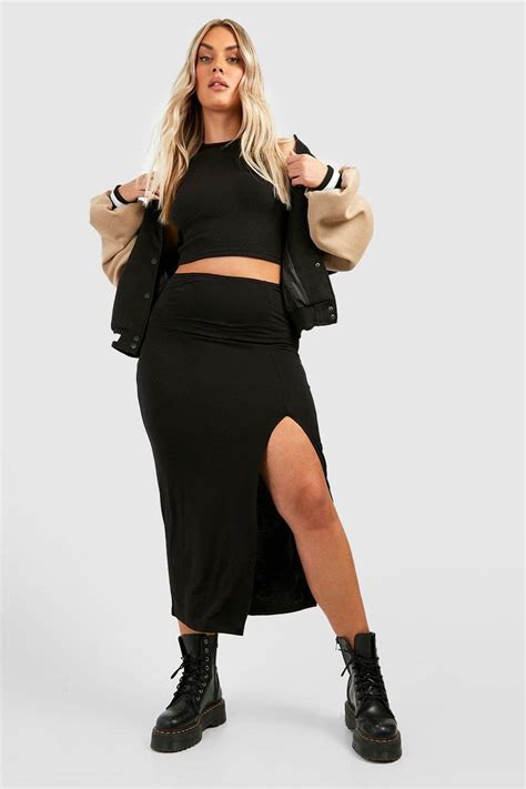 Plus Jersey Knit Split Front Midi Skirt Plus Size Outfits Spring
