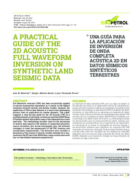 Pdf A Practical Guide Of The 2d Acoustic Full Waveform Inversion On Synthetic Land Seismic Data