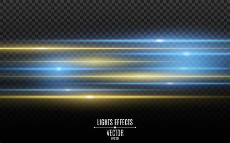 빛 효과입니다 빛의 노란색 파란색 레이저 광선을 추상화 합니다 빛 혼란 네온 광선 투명 한 어두운 배경에 고립 벡터