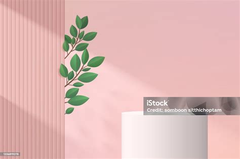 받침대 또는 스탠드 연단3d 벡터 추상 스튜디오 룸 녹색 잎과 그림자와 흰색 기하학적 플랫폼 화장품 프리젠 테이션 쇼케이스