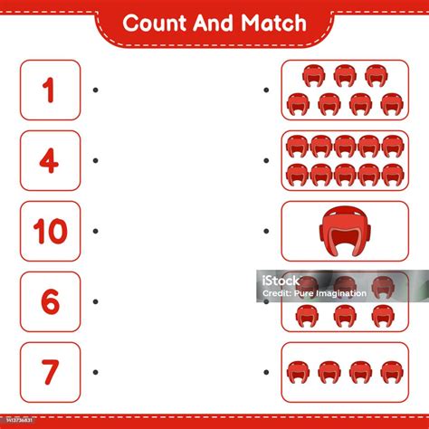 카운트와 일치 복싱 헬멧의 수를 계산하고 올바른 숫자와 일치 교육 어린이 게임 인쇄 가능한 워크 시트 벡터 일러스트 레이 션 0명에 대한 스톡 벡터 아트 및 기타 이미지