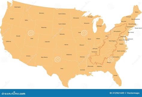 Us State Map With Appalachian Region Outline Stock Illustration