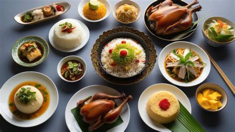 Asian Feast With Rice Roasted Duck And Soup Stock Image Image Of