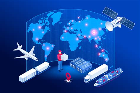 Isometric 글로벌 물류 네트워크 개념 화물 운송 위성은 화물 운송의 움직임을 추적합니다 해상 항공 운송 물류 창고 저장 개념 수출 또는 수입 개념에 대한 스톡 벡터