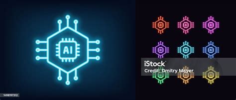 개요 네온 Ai Cpu 아이콘 세트 Ai 칩 사인 인공 지능 알고리즘이 있는 빛나는 네온 미세 회로 제어 및 데이터 분석 프로세서 및 디지털 브레인을 위한 스마트 Ai