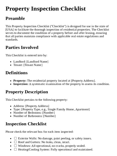 Fillable Online Property Inspection Checklist Template Fax Email Print