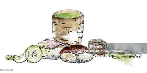 일식 니기리 초밥 감기 생선 문어 타코 슬라이스 장어 연어 참깨 오이 수채화로 그린 말차 차 잉크 레스토랑용 일러스트 카페 메뉴 키친 프린트 레시피 북 0명에 대한 스톡